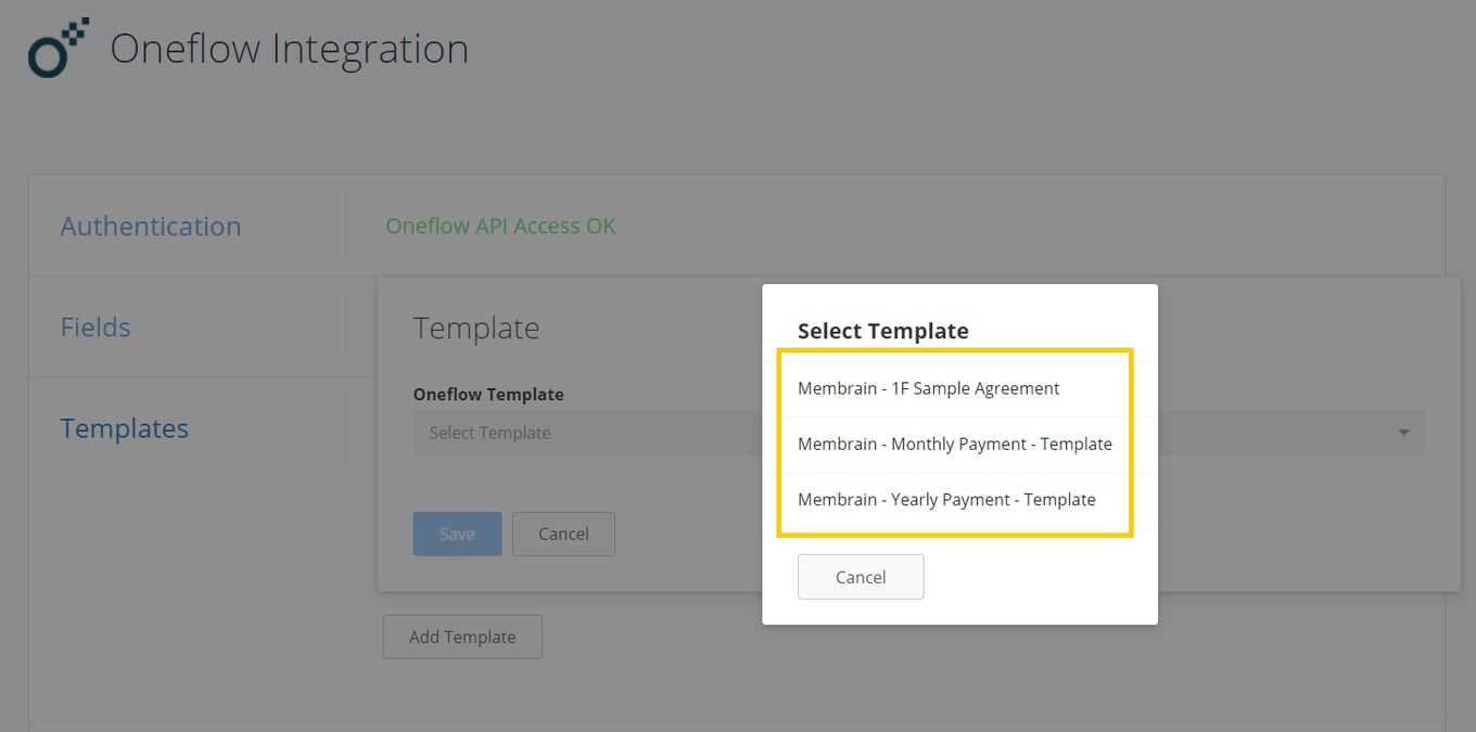 Membrain Help Center - Integrations - Setting up the Oneflow Integration