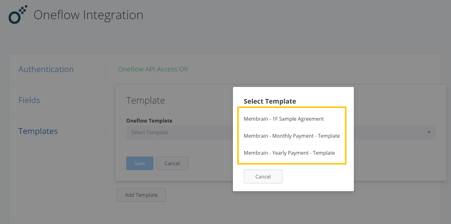 Membrain Help Center - Integrations - Setting up the Oneflow Integration