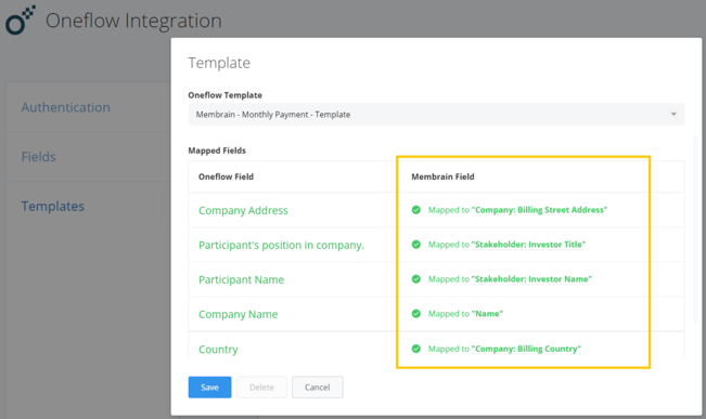 Membrain Help Center - Integrations - Setting up the Oneflow Integration