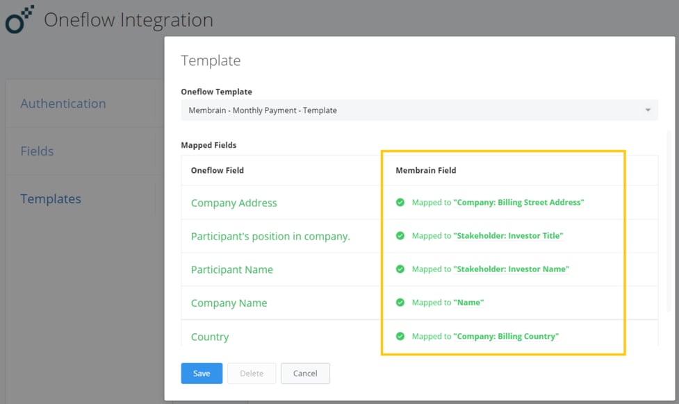 Membrain Help Center - Integrations - Setting up the Oneflow Integration
