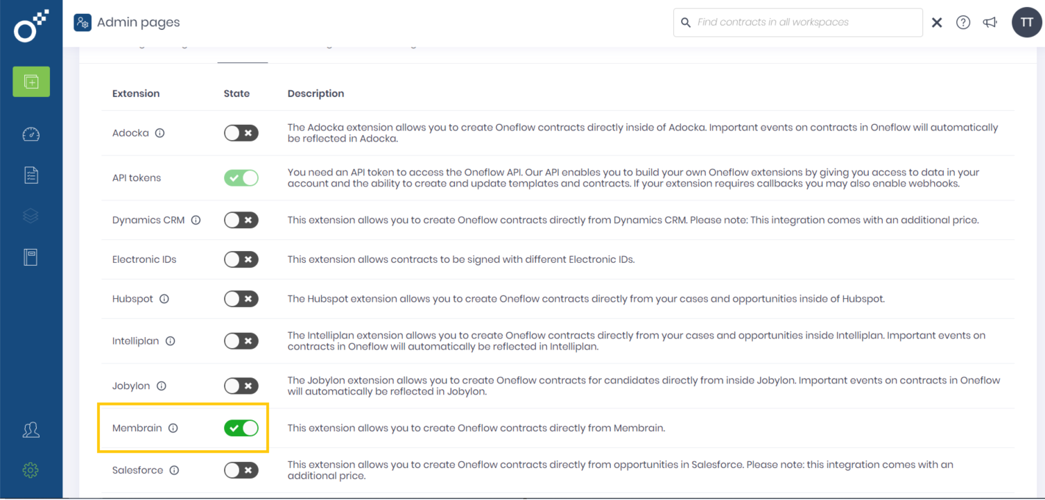 Membrain Help Center - Integrations - Setting up the Oneflow Integration